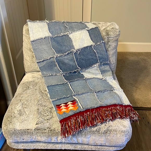 Accents | Vintage Denim Patchwork Throw With Fleece Trim And Details ...